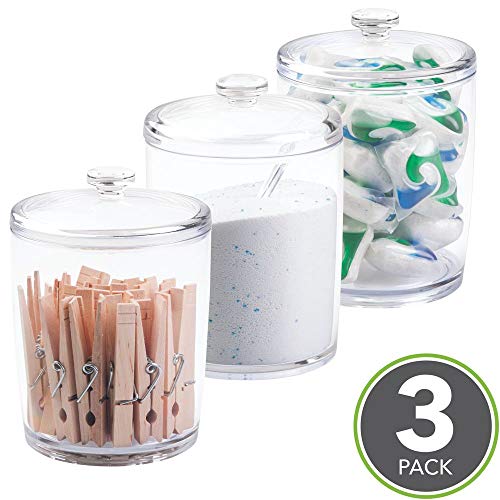 mDesign Plastic Laundry Shelf Storage Organizer Jar Holder Set for Laundry Room Storage - Holds Detergent Powder, Pods, Clothes Pins, Dryer Sheets, Scent Boosters - 3 Pack - Clear