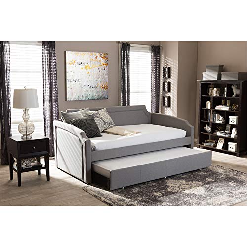 Baxton Studio Parkson Modern and Contemporary Grey Fabric Curved Notched Corners Sofa Twin Daybed with Roll-Out Trundle Guest Bed