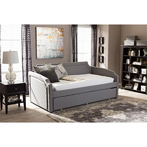 Baxton Studio Parkson Modern and Contemporary Grey Fabric Curved Notched Corners Sofa Twin Daybed with Roll-Out Trundle Guest Bed