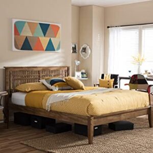 Baxton Studio Loafey Mid-Century Modern Solid Walnut Wood Window-Pane Style Full Size Platform Bed