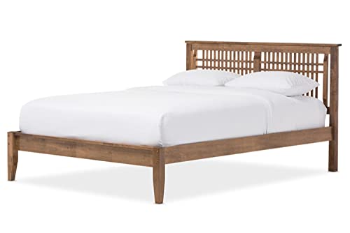 Baxton Studio Loafey Mid-Century Modern Solid Walnut Wood Window-Pane Style Full Size Platform Bed