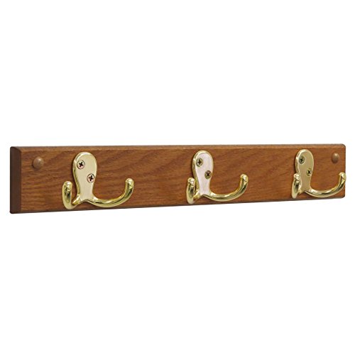 Wooden Mallet, Brass, Medium Oak 3 Double Prong Hook Rail/Coat Rack