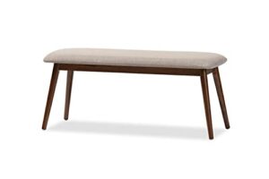 baxton studio flora mid-century modern light grey fabric and oakmedium brown finishing wood dining bench