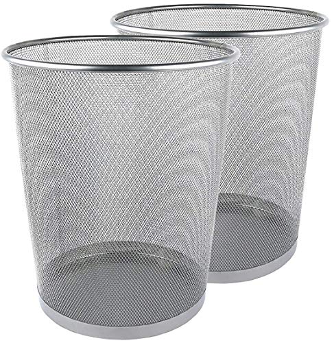 Greenco Small Trash Cans for Home or Office, 2-Pack, 6 Gallon Silver Mesh Round Trash Cans, Lightweight, Sturdy for Under Desk, Kitchen, Bedroom, Den, or Recycling Can