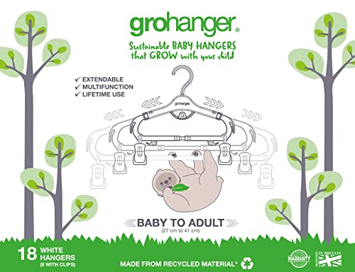 Grohanger Space Saving extendable Baby Hangers with Clips (10-16.4"). Only Expandable Kids Hangers with Full Adult Size Trouser bar and Clips. 18 Stylish Childrens Hangers. 6 Have Clips.