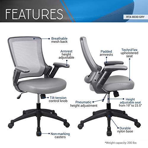 Techni Mobili Height Adjustable Arms Mid-Back Mesh Task Office Chair, 25" W x 25" D x 34" H, Gray