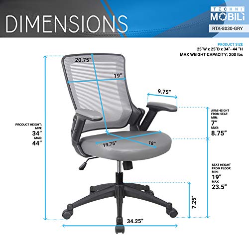 Techni Mobili Height Adjustable Arms Mid-Back Mesh Task Office Chair, 25" W x 25" D x 34" H, Gray