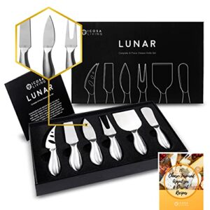 icosa living lunar 6-piece cheese knife set - premium stainless steel cheese knives collection - charcuterie board accessories gift ready w/ 15 festive recipes