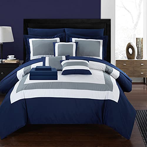 Chic Home 10-Piece Bed in a Bag Comforter Set, Brushed Microfiber,Shams, Decorative Pillows and Sheet Set Included, Queen, Navy