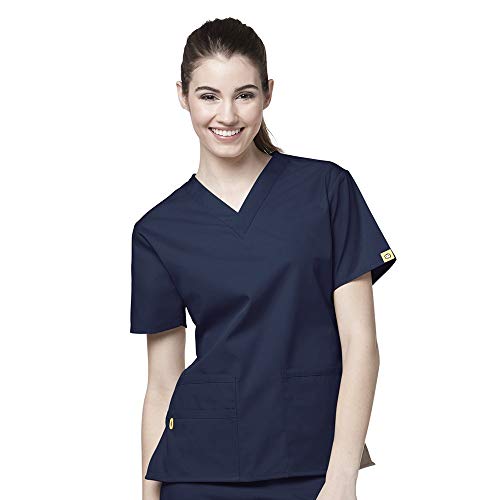 WonderWink Origins Women's 6016 Bravo Top & 5026 Romeo Pant Scrub Bundle (Navy, Large)