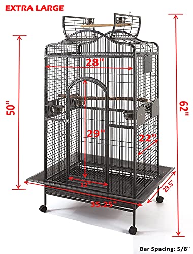 Extra Large Wrought Iron Open/Close Play Top Bird Parrot Cage, Include Metal Seed Guard Solid Metal Feeder Nest Doors Overall Dimensions: 35.25" Wx29.5 Lx62 H(with Seed Skirt)