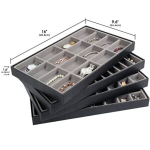 JACKCUBE DESIGN Stackable Synthetic Leather Jewelry Trays Organizer Jewelry Storage Display Earring Necklace Bracelet Ring Organizer for Drawer (Set of 4, Black)- MK212-1ABCD