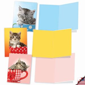 The Best Card Company - 10 Adorable Blank Cat Cards (4 x 5.12 Inch) - Cute Pet Kittens, Assorted Bulk Notecard Set - Cup-Cats M3969