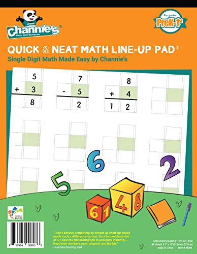 Channie's Math Prek-1ST Grades, 80 Pages Strong Paper, 8.5" x 11" with Hardboard Back Lineup Pad Workbook Math Line-Up