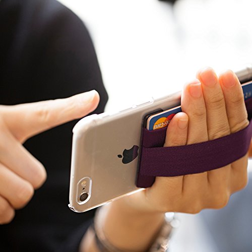 Sinjimoru Cell Phone Grip with Card Wallet, Phone Wallet Stick on Card Holder for Back of Phone, Slim Wallet with Elastic Phone Strap. Sinji Pouch Band Purple