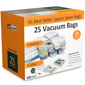 home-complete 25 vacuum storage bags-space saving air tight compression-shrink down closet clutter, store, organize clothes, linens, seasonal items