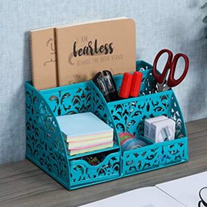 EasyPAG Desk Organizer Caddy with 6 Compartments and 1 Sliding Drawer Desktop Accessories Office Supplies Holder for Home School Classroom,Dark Teal