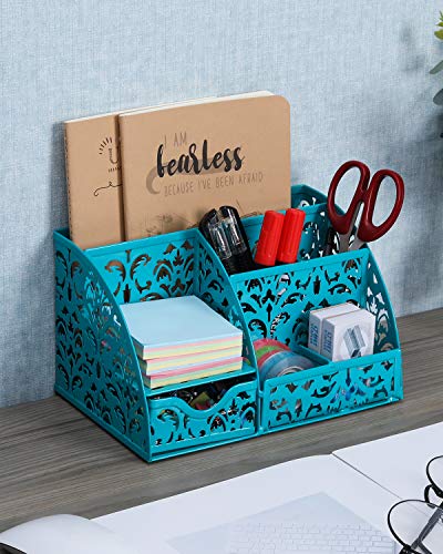 EasyPAG Desk Organizer Caddy with 6 Compartments and 1 Sliding Drawer Desktop Accessories Office Supplies Holder for Home School Classroom,Dark Teal