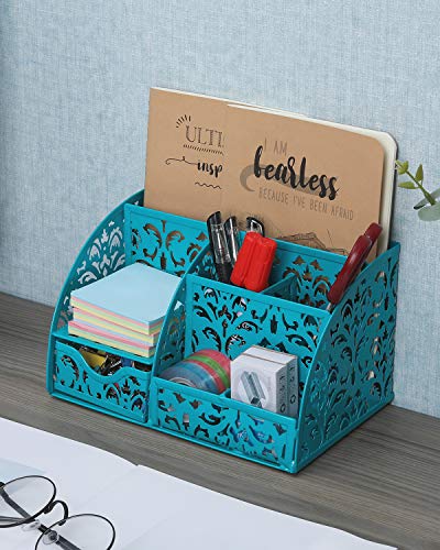 EasyPAG Desk Organizer Caddy with 6 Compartments and 1 Sliding Drawer Desktop Accessories Office Supplies Holder for Home School Classroom,Dark Teal