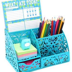 EasyPAG Desk Organizer Caddy with 6 Compartments and 1 Sliding Drawer Desktop Accessories Office Supplies Holder for Home School Classroom,Dark Teal