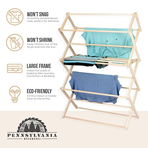 Pennsylvania Woodworks Clothes Drying Rack: Solid Maple Hard Wood Laundry Rack for Sweaters, Blouses, Lingerie & More, Durable Folding Drying Rack, Made in USA, No Assembly Needed, Large