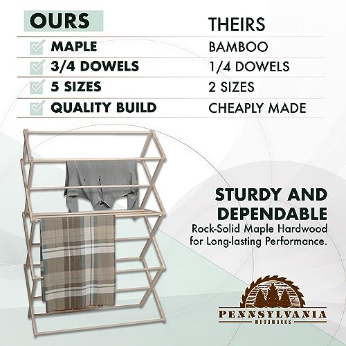 Pennsylvania Woodworks Clothes Drying Rack: Solid Maple Hard Wood Laundry Rack for Sweaters, Blouses, Lingerie & More, Durable Folding Drying Rack, Made in USA, No Assembly Needed, Large