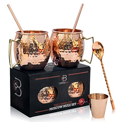 Copper-Bar Moscow Mule Copper Mugs - Set of 2-100% HANDCRAFTED Pure Solid Copper Mugs - 16 Oz, Gift Set + Cocktail Copper Straws, Copper Shot Glass & Copper Stirrer