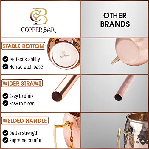 Copper-Bar Moscow Mule Copper Mugs - Set of 2-100% HANDCRAFTED Pure Solid Copper Mugs - 16 Oz, Gift Set + Cocktail Copper Straws, Copper Shot Glass & Copper Stirrer