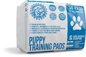 bulldogology puppy pee pads with adhesive sticky tape (24x24) large premium dog pads - 6 layer dog training pads and pet wee pads with bullsorbent tech (50-count, white)