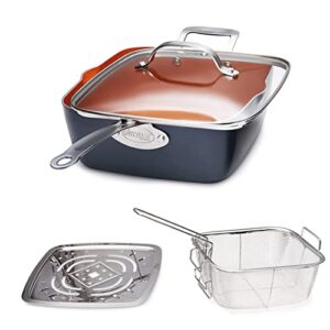 gotham steel nonstick square deep frying pan, 9.5” large frying pan & cooking pan with ceramic nonstick coating, 4 pc titanium ceramic deep frying pan with lid, basket & steamer tray, dishwasher safe