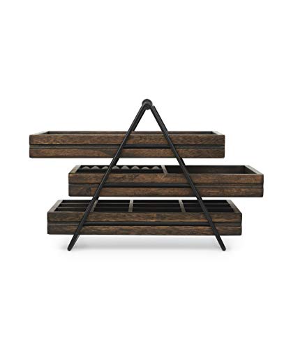 Umbra Terrace Tier Jewelry Three Sliding Linen Lined Wood Trays with Metal Frame and Handle, Easy Storage and Access, Walnut, 3 Each