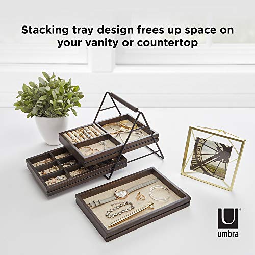 Umbra Terrace Tier Jewelry Three Sliding Linen Lined Wood Trays with Metal Frame and Handle, Easy Storage and Access, Walnut, 3 Each