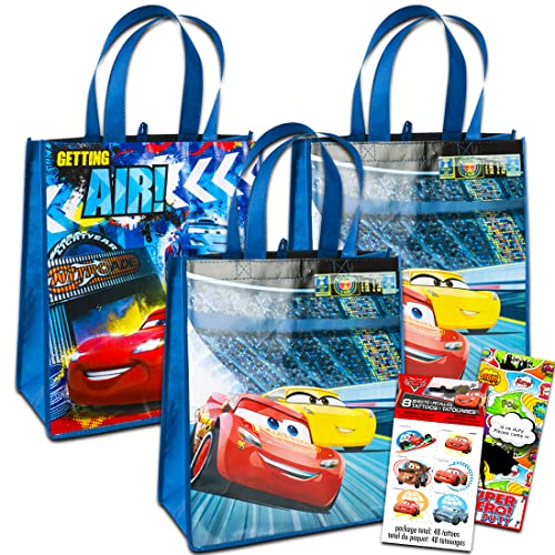 Disney Cars Tote Bags Value Pack - 3 Reusable Tote Party Bags Cars Tattoos, and More (Featuring Lightning McQueen and Cruz Ramirez)