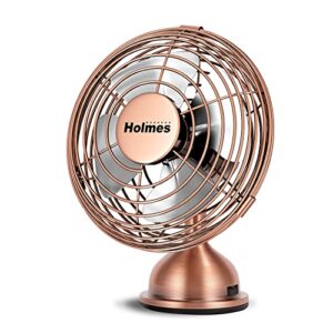 holmes 4" mini heritage desk fan, usb-powered, single speed, 4 blades, adjustable 100° head tilt, metal construction, ideal for home, dorm rooms, bedrooms, office or travel, vintage brushed copper