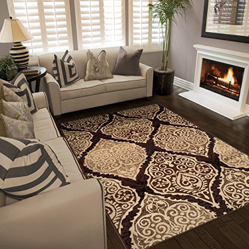 SUPERIOR Indoor Area Rug, Modern Damask Medallion Floor Decor, Jute Backed Rugs for Bedroom, Entryway, Living Room, Dining Room, Kitchen, Office, Dorm, Amherst Collection, 4' x 6', Mocha