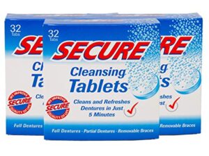 secure cleansing tablets zinc free ph formula removes odors, stains, bacteria, germs - clean dentures, partials & removable braces - 32 tablets (pack of 3)