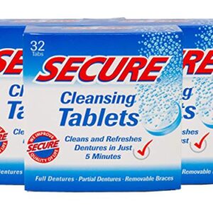 Secure Cleansing Tablets Zinc Free PH Formula Removes Odors, Stains, Bacteria, Germs - Clean Dentures, Partials & Removable Braces - 32 Tablets (Pack of 3)