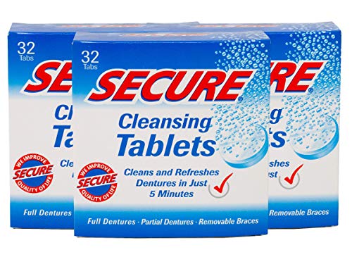 Secure Cleansing Tablets Zinc Free PH Formula Removes Odors, Stains, Bacteria, Germs - Clean Dentures, Partials & Removable Braces - 32 Tablets (Pack of 3)