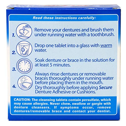 Secure Cleansing Tablets Zinc Free PH Formula Removes Odors, Stains, Bacteria, Germs - Clean Dentures, Partials & Removable Braces - 32 Tablets (Pack of 3)