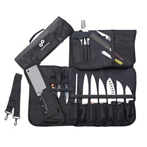 everpride chef knife roll bag holds 10 knives – contains 2 large zippered pockets for meat cleavers and cooking tools – durable knife case for chefs and culinary students – knives not included