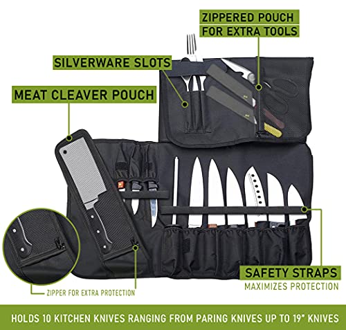 EVERPRIDE Chef Knife Roll Bag Holds 10 Knives – Contains 2 Large Zippered Pockets for Meat Cleavers and Cooking Tools – Durable Knife Case for Chefs and Culinary Students – Knives Not Included