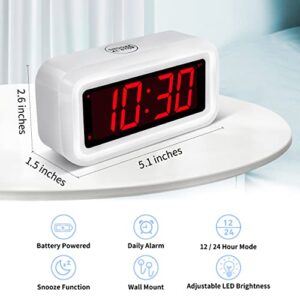 KWANWA Alarm Clock, Digital Clock, Auto Night-Mode, 3-Level Led Brightness, Battery Powered, 12/24Hr, 1.2'' Red Digits Display, Simple Alarm Clock for Kids Seniors Adults Girls Boys, Easy to Set