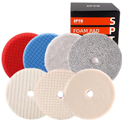 Buffing Polishing Pads, SPTA 7Pc 5.5 Inch Face for 5Inch 125mm Backing Plate Compound Buffing Sponge Pads Cutting Polishing Pad Kit For Car Buffer Polisher Compounding, Polishing and Waxing -A1094MIX