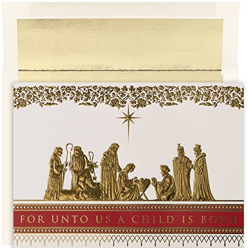 Masterpiece Studios Holiday Collection Premium 15-Count Boxed Embossed Religious Christmas Cards with Foil-Lined Envelopes, 7.8" x 5.6", Manger Scene (879600)