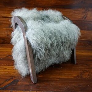 MILABERT Oak Wood Magazine Rack with Genuine Silver Norwegian Pelssau Sheepskin Rug - Soft Curly Wool - Design Furniture (MR11)