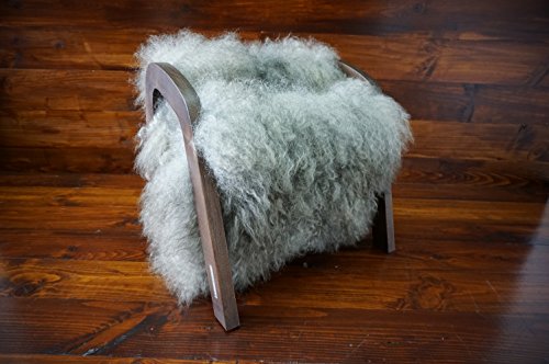 MILABERT Oak Wood Magazine Rack with Genuine Silver Norwegian Pelssau Sheepskin Rug - Soft Curly Wool - Design Furniture (MR11)