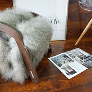 MILABERT Oak Wood Magazine Rack with Genuine Silver Norwegian Pelssau Sheepskin Rug - Soft Curly Wool - Design Furniture (MR11)