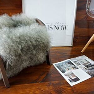 MILABERT Oak Wood Magazine Rack with Genuine Silver Norwegian Pelssau Sheepskin Rug - Soft Curly Wool - Design Furniture (MR11)