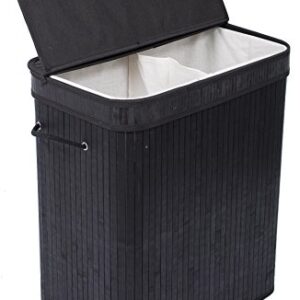 BIRDROCK HOME Double Laundry Hamper with Lid and Cloth Liner - Bamboo - Black - Easily Transport Laundry Basket - 2 Section Collapsible Hamper - String Handles