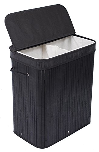 BIRDROCK HOME Double Laundry Hamper with Lid and Cloth Liner - Bamboo - Black - Easily Transport Laundry Basket - 2 Section Collapsible Hamper - String Handles